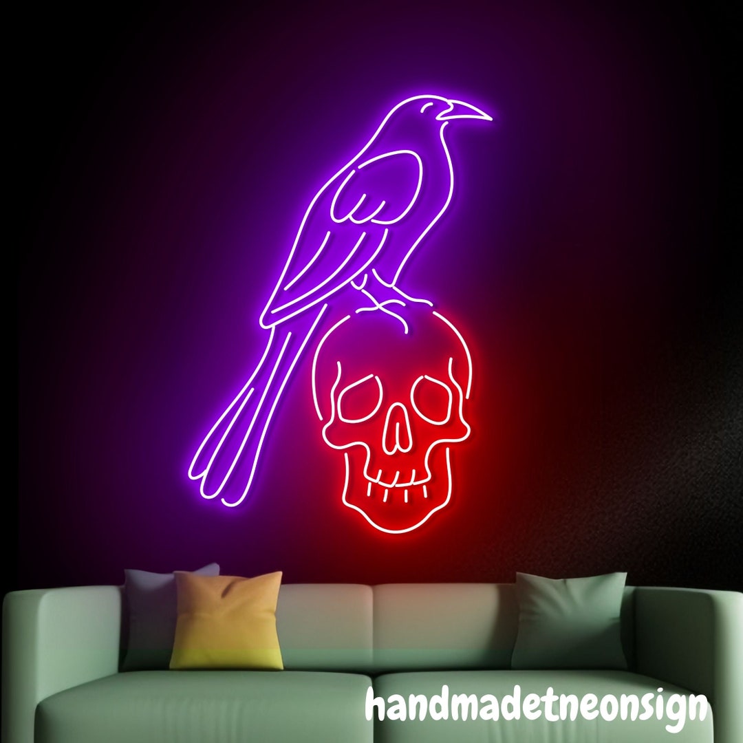 Raven on Skull Neon Sign, Raven Led Sign, Skull Neon Light, Raven ...