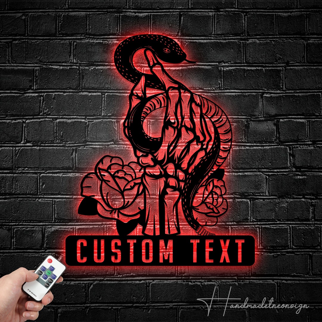 Custom Floral Skeleton Hand Holding Snake Metal Wall Art LED Light ...