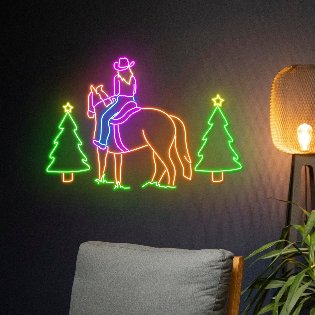 Christmas Rodeo Neon Sign, Cowgirl Rides Horse Neon Light, Cowboy Girl ...