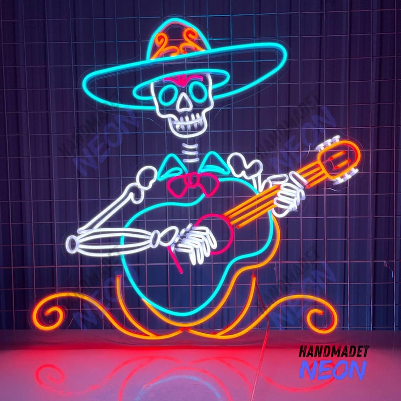 Custom Mexican Skeleton Playing Guitar Neon Sign, Skeleton in Sombrero ...