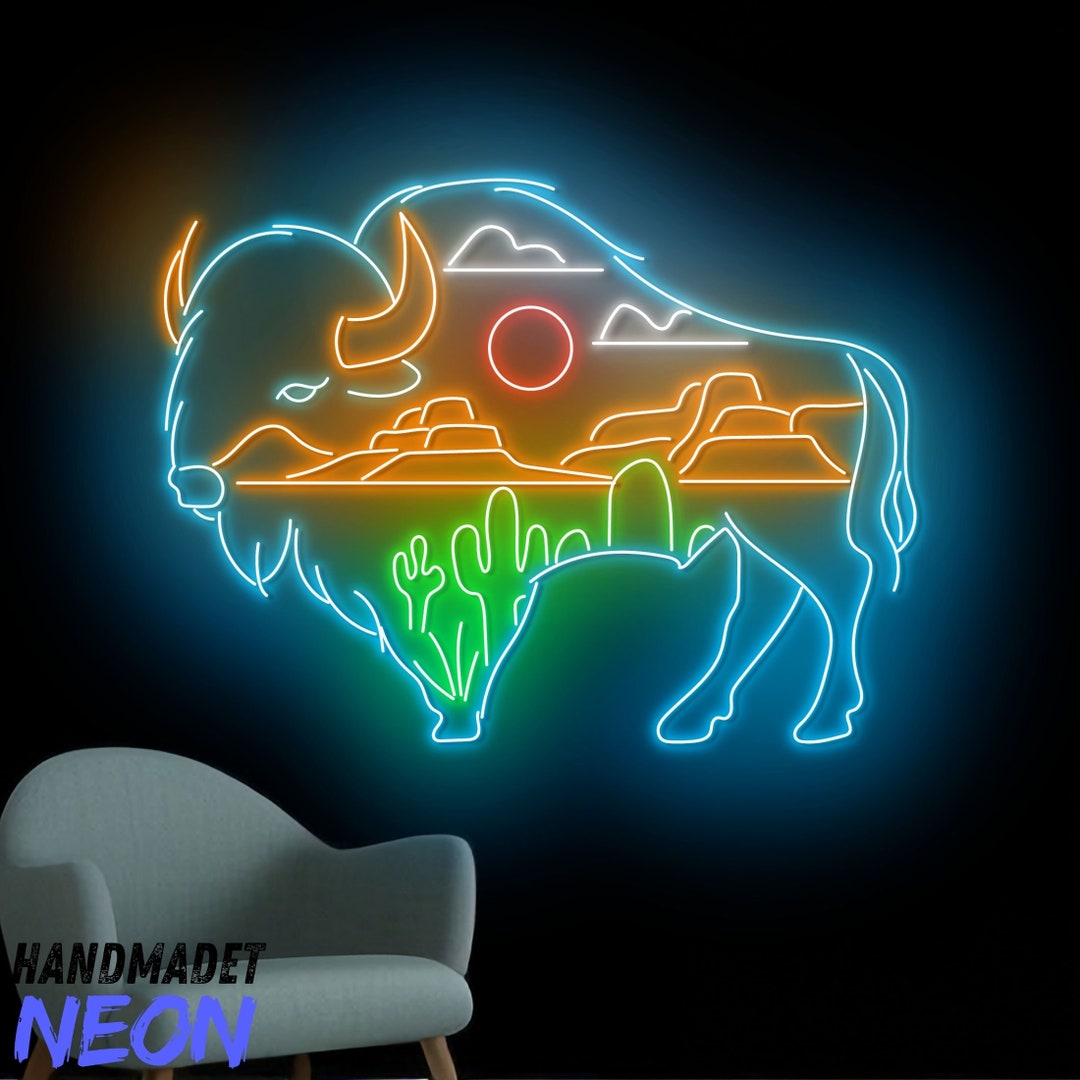 Buffalo With A Desert Landscape Neon Sign, Buffalo Led Sign, Desert ...