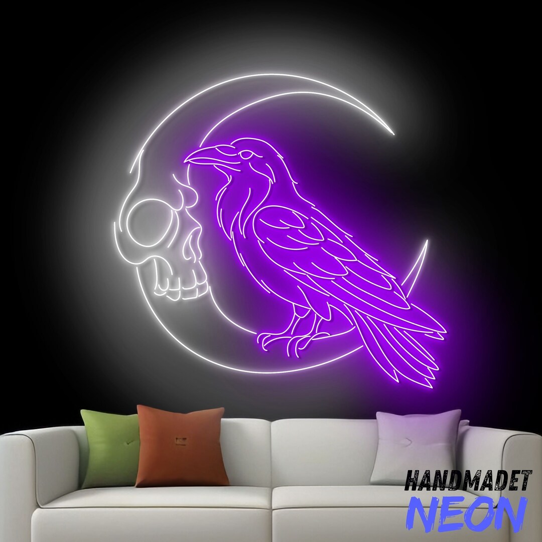Raven and Moon Skull Neon Sign, Raven Led Sign, Raven Neon Light, Bird ...