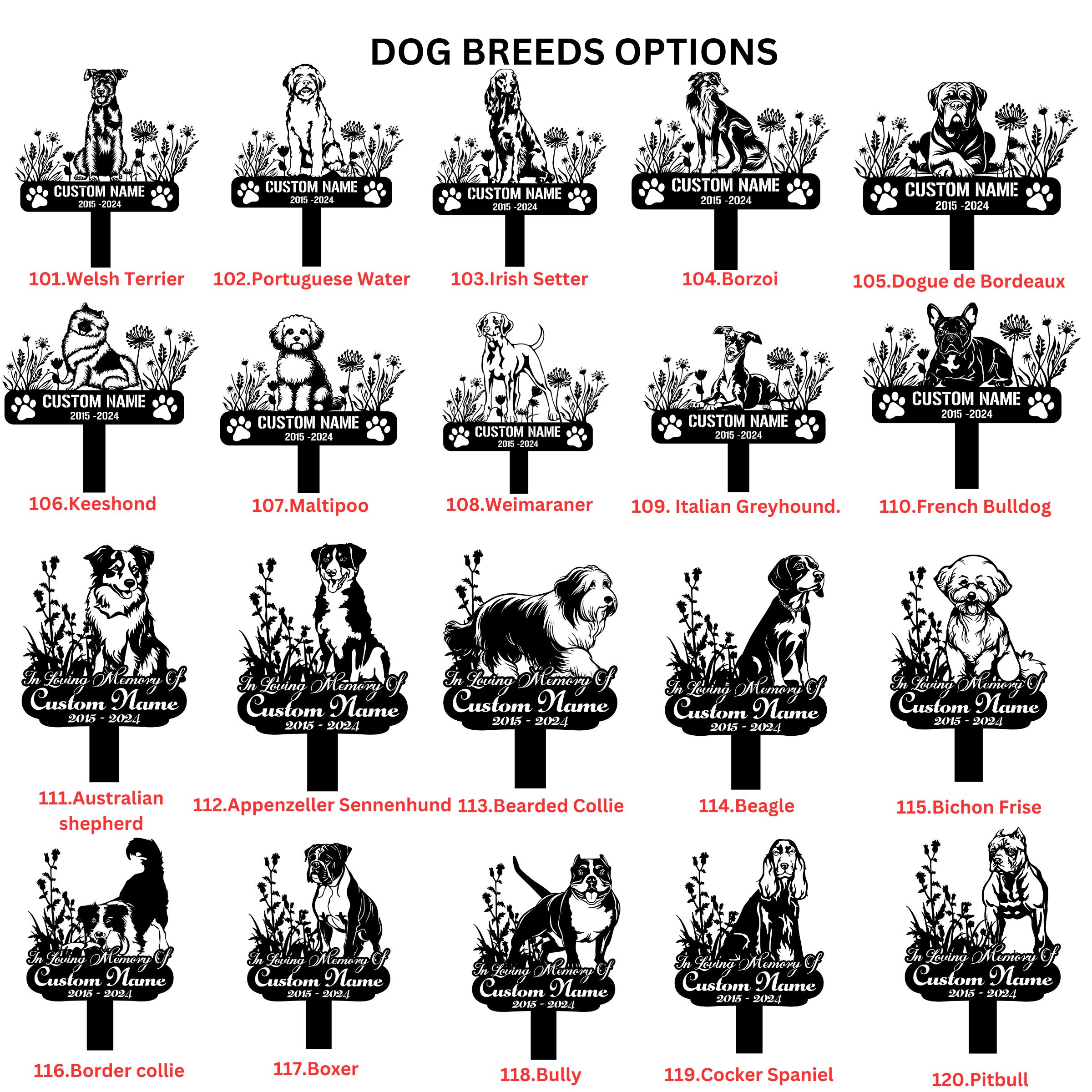 Custom Dog Memorial Stake, Every Dog Breed Stake Metal Sign, Dog Grave ...