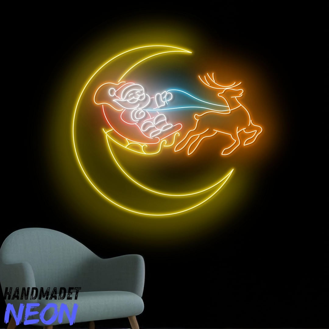 Santa Flying in Sleigh Neon Sign, Santa Reindeers Moon Led Sign, Merry ...