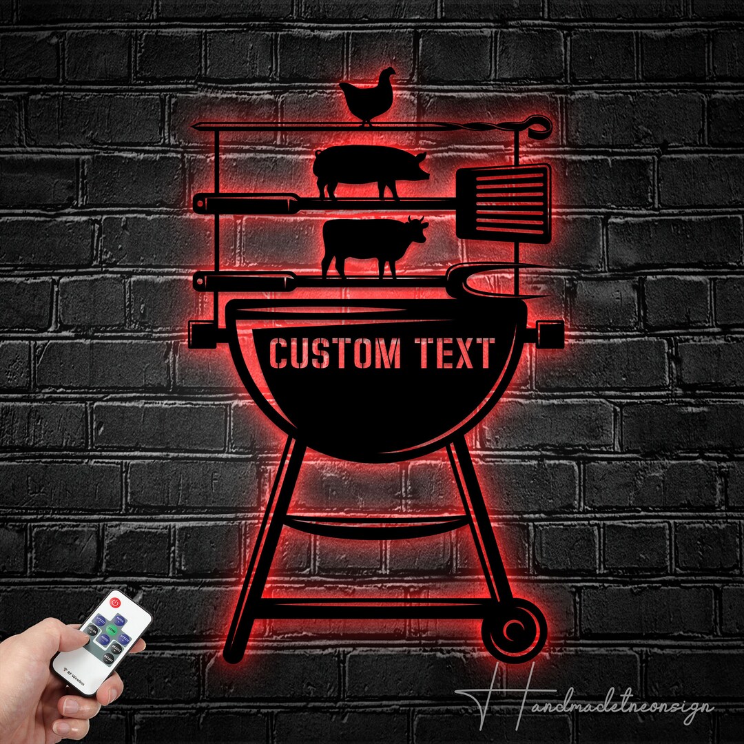 Personalized BBQ Griller Metal Wall Art LED Light Custom Backyard Grill ...