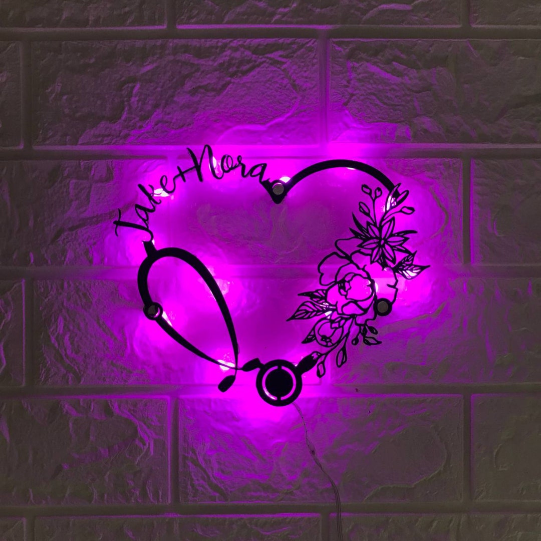 Custom Floral Heart Stethoscope Nursing Metal Wall Art LED Light ...