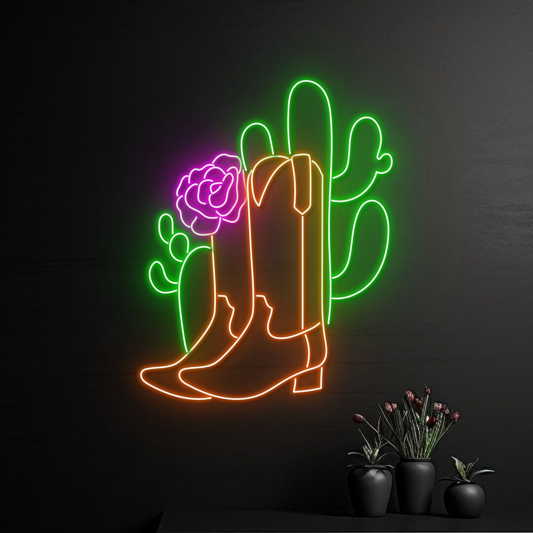 Cowboy Boots Cactus Neon Sign, Cactus Cowboy Boots Led Light, Cowgirl ...