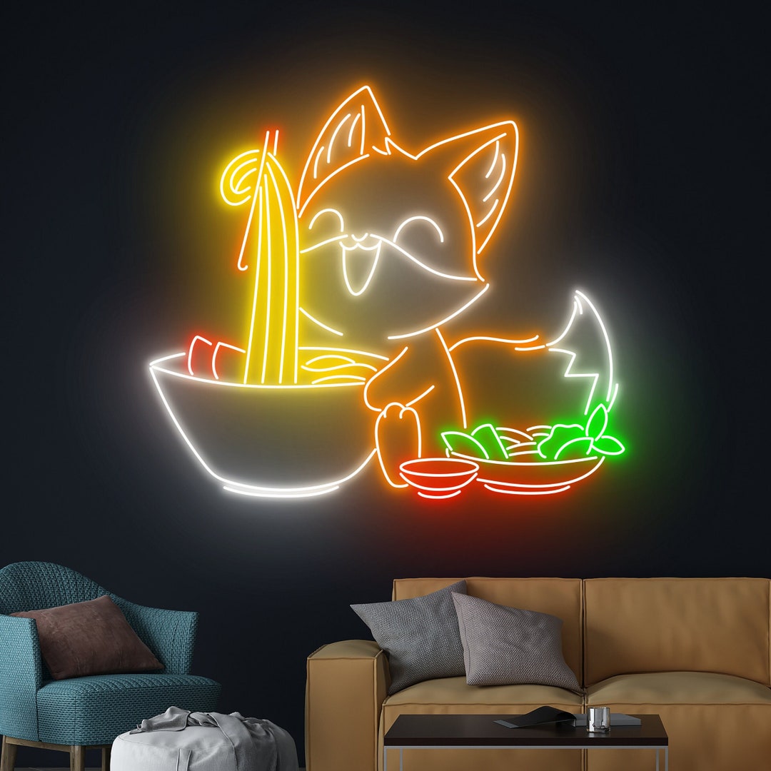 Fox Eating Ramen Neon Light, Fox Eats Japanese Noodle Led Sign, Fox ...