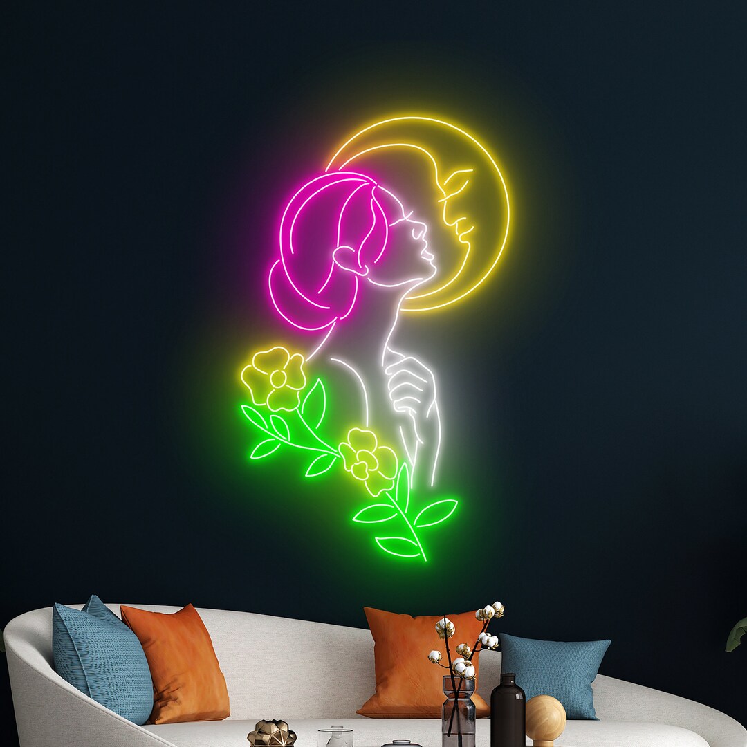Girl and Moon Neon Sign, Lady Moon Led Sign, Girl Moon Neon Light ...