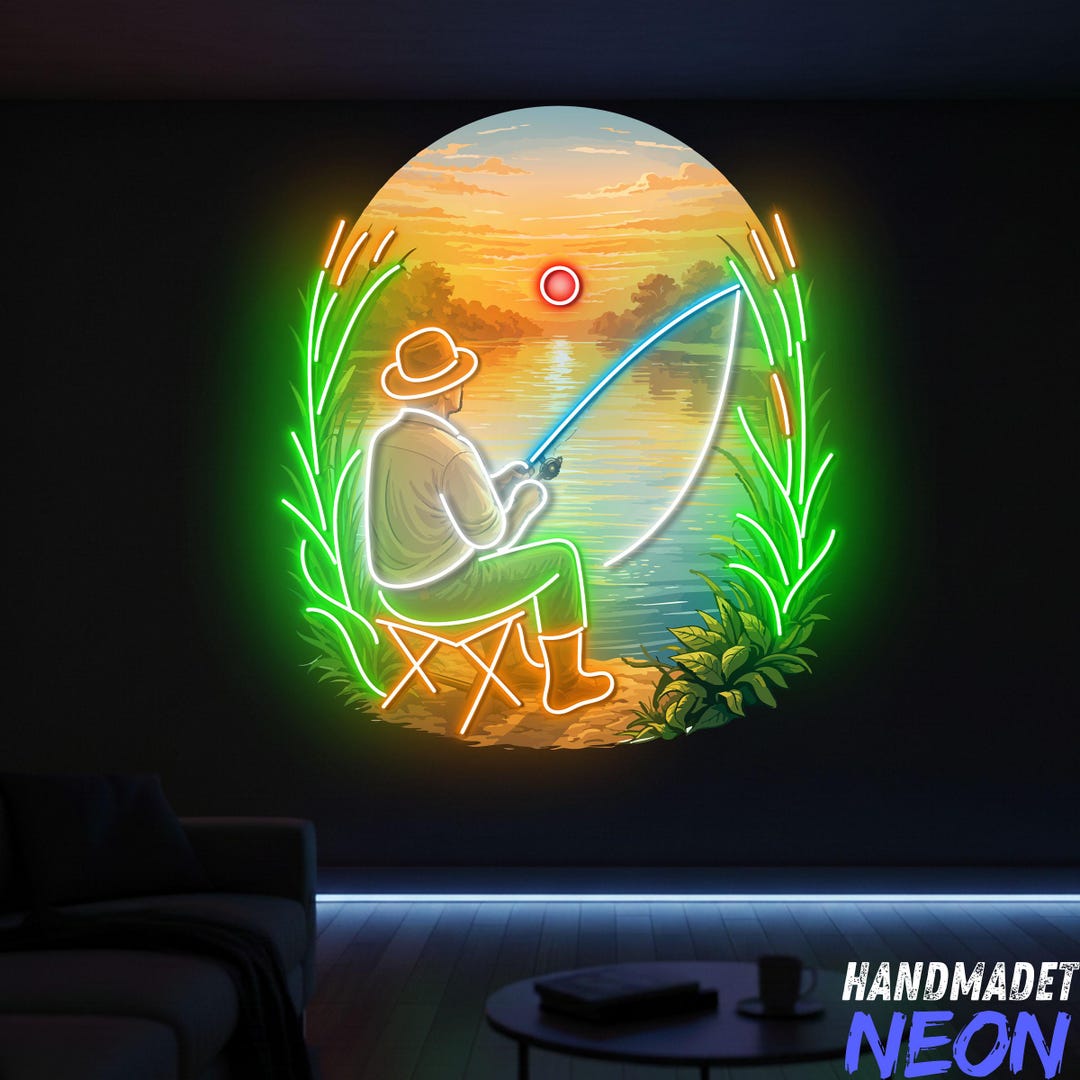 Fishing Neon Sign: Angler LED Light, Cabin Wall Art, Man Cave Decor ...