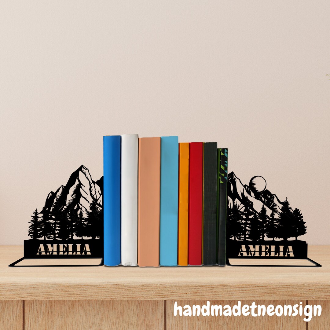 Custom Mountain Metal Bookends Forest Name Bookend, Scene Table Sign ...