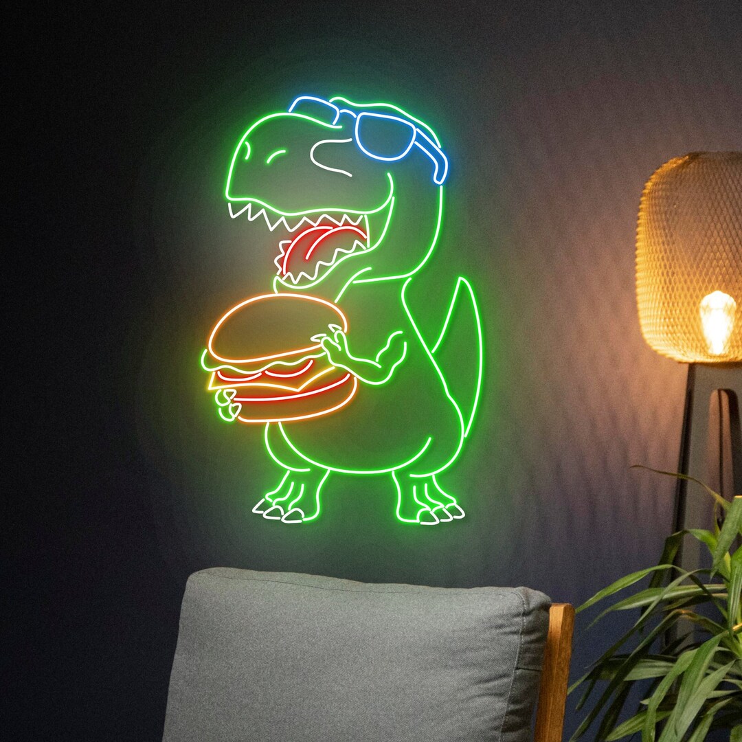 Dinosaur Eating Burger Neon Sign, Burger Dinosaur Neon Light, Burger ...