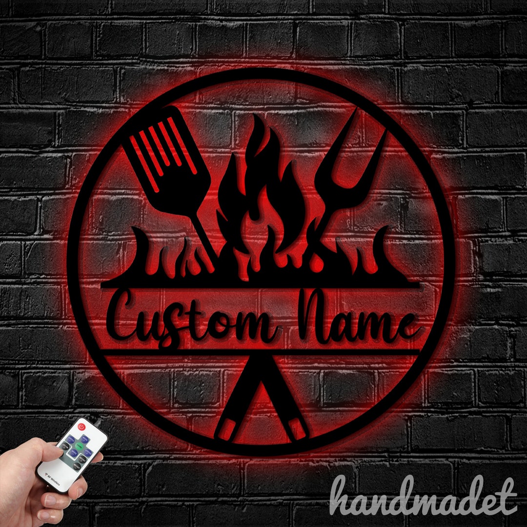 Custom BBQ Metal Wall Art LED Light - Personalized Barbecue Sign Home ...