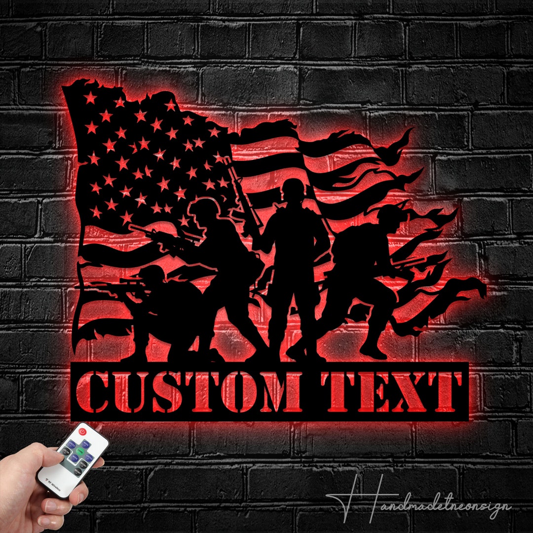 Custom US Flag Veteran Army Metal Wall Art LED Light Personalized ...
