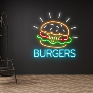 Burger Led Sign, Hamburger Neon Sign, Wall Decor, Burger Art Sign, Home ...