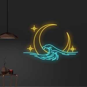 Custom Moon Ocean Waves Neon Sign, Sea Wave Moon Led Sign, Beach Led ...