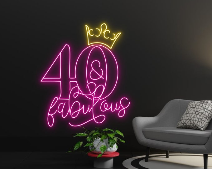 40th Birthday Neon Sign, FORTY & Fabulous in Red, Yellow and White Neon ...