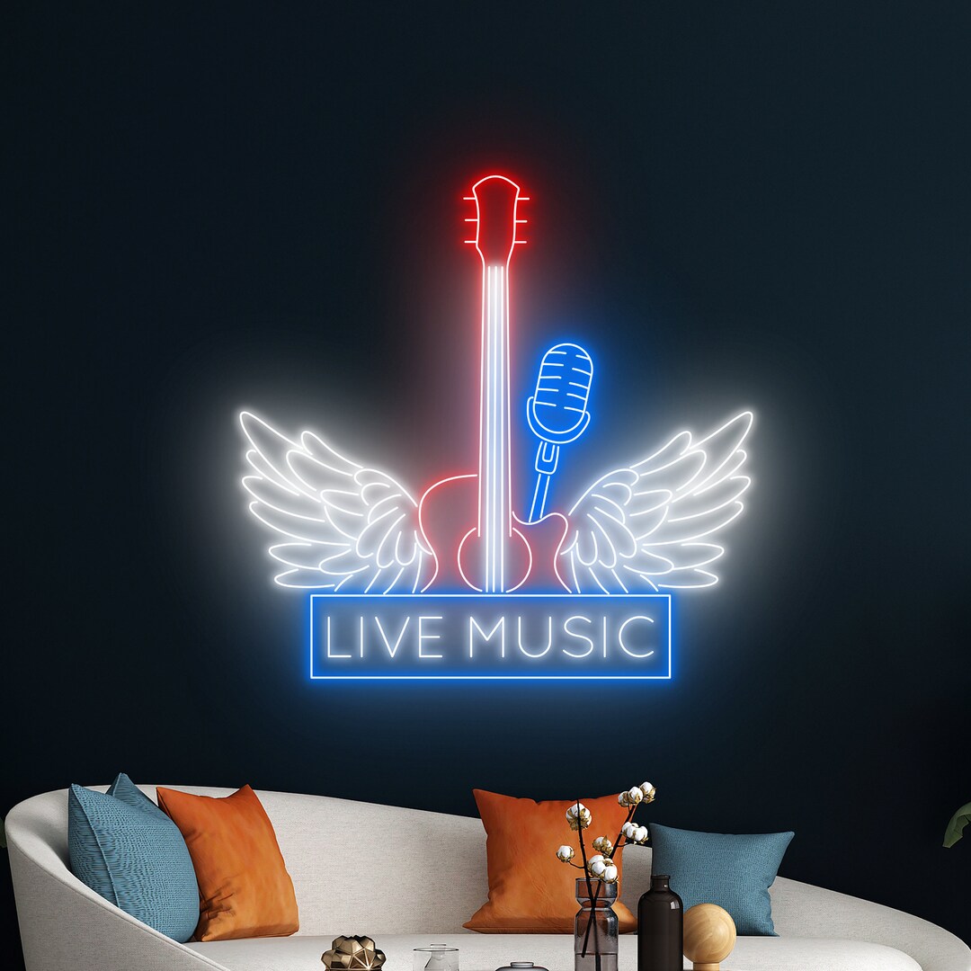 Live Music Led Sign, Guitar Microphone Neon Sign, Live Music Wall Art ...