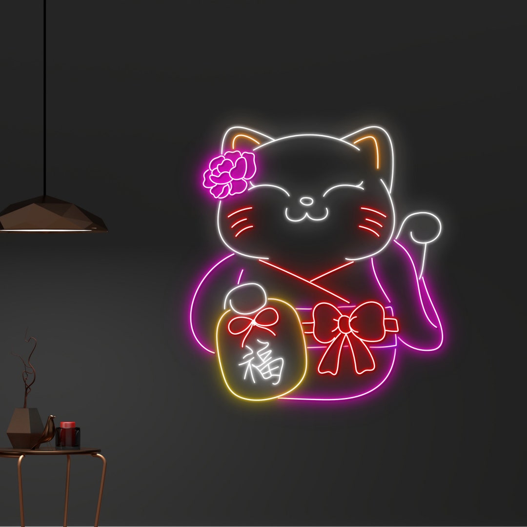Custom Lucky Cat Neon Sign, Kimono Cat Led Light, Geisha Cat Neon Light ...