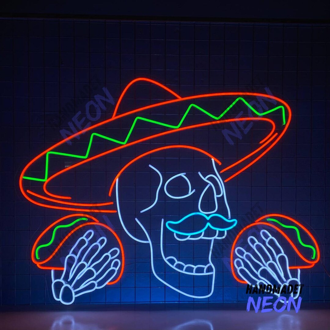 Mexican Skull Tacos Neon Light, Mexico Skeleton Taco Led Sign, Sombrero ...