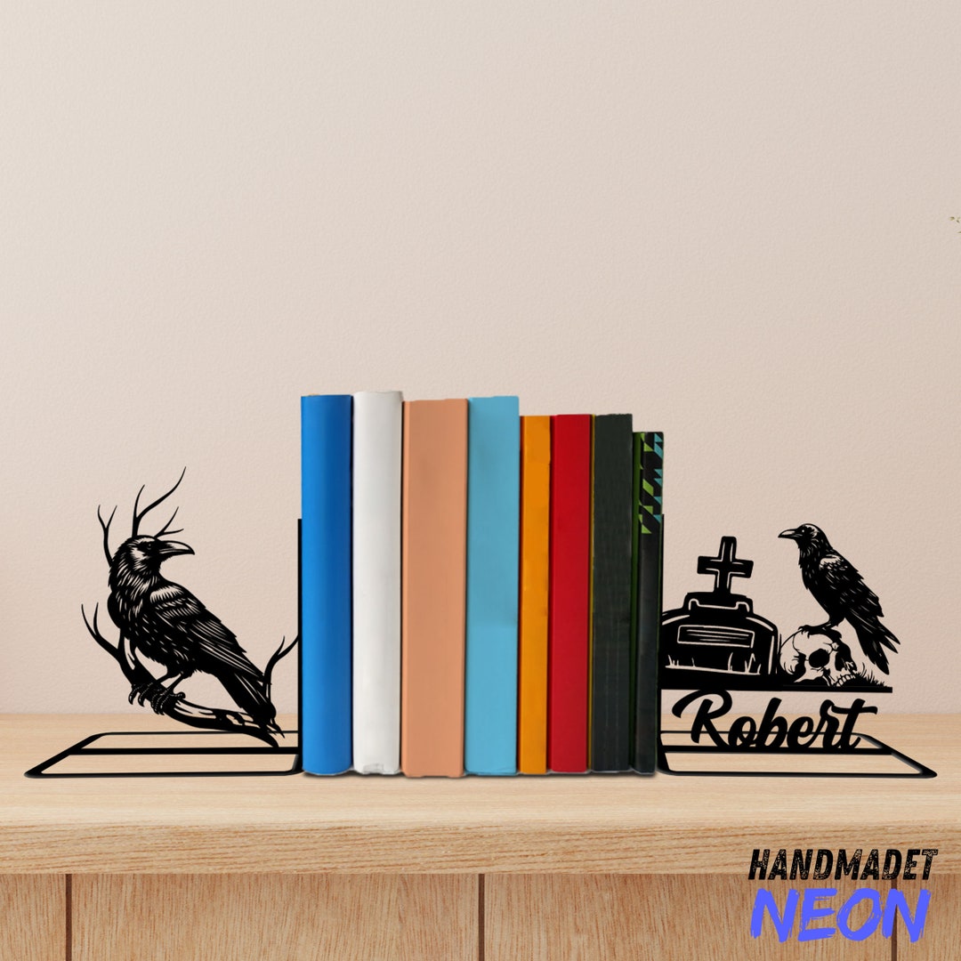Custom Raven Metal Bookends, Raven Bird Name Bookend, Table Sign ...