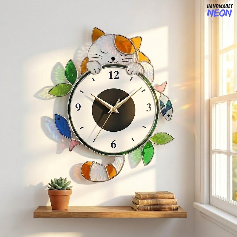 Custom Cat Stained Glass Wall Clock, Fish Suncatcher Wall Decor, Living ...