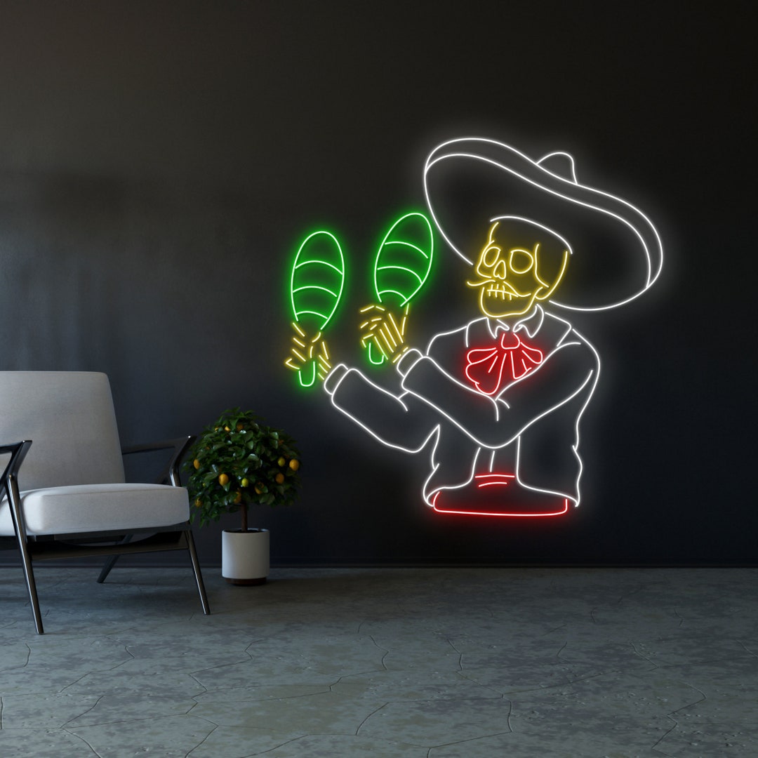 Mexican Sleketon Playing Maracas Neon Sign, Maracas LED Light, Sleketon ...