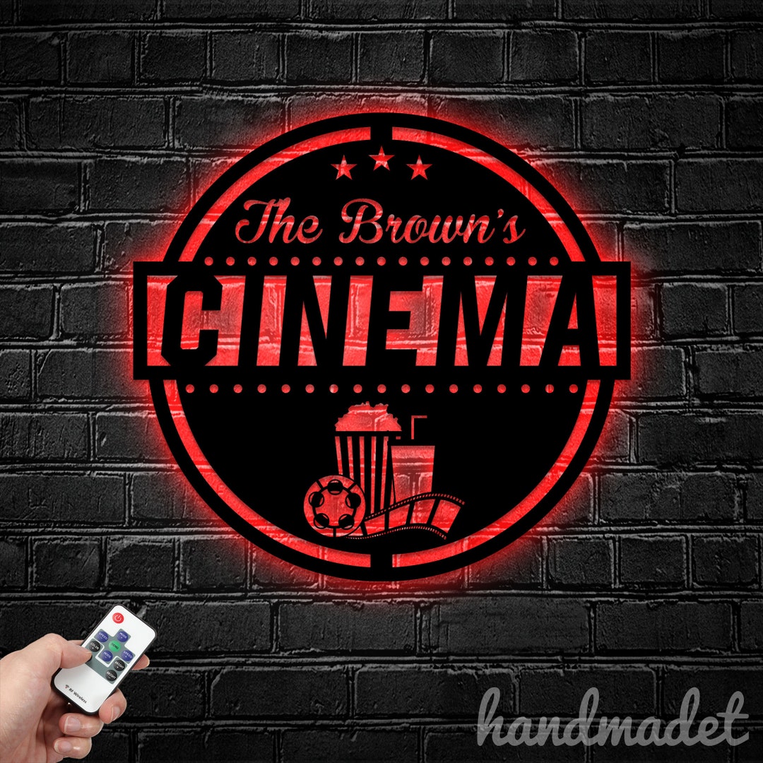 Personalized Cinema Metal Wall Sign, Movie and Popcorn Metal Wall Light ...