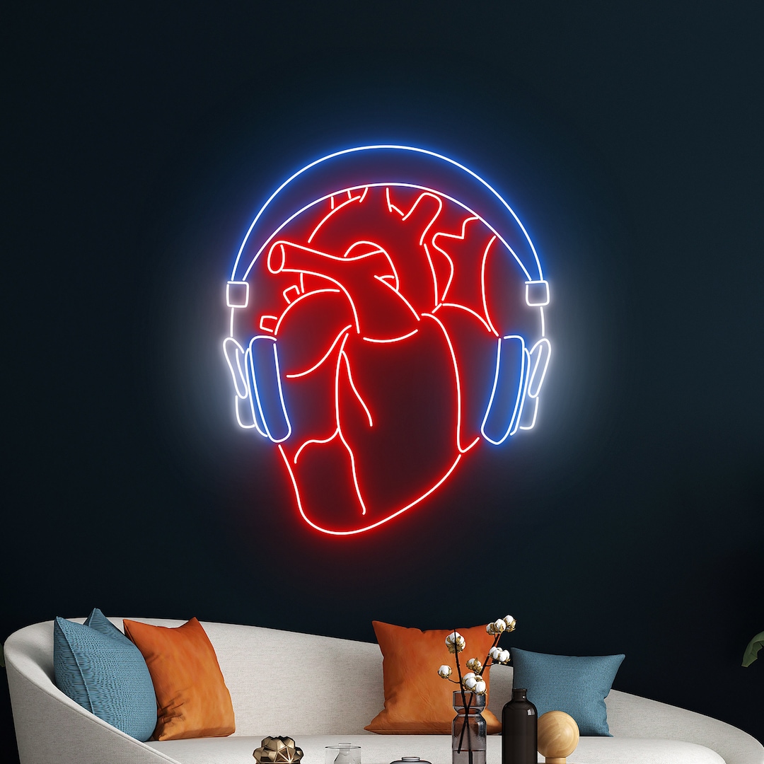 Heart Headphone Neon Sign, Heart Headphone Led Sign, Wall Decor, Heart ...