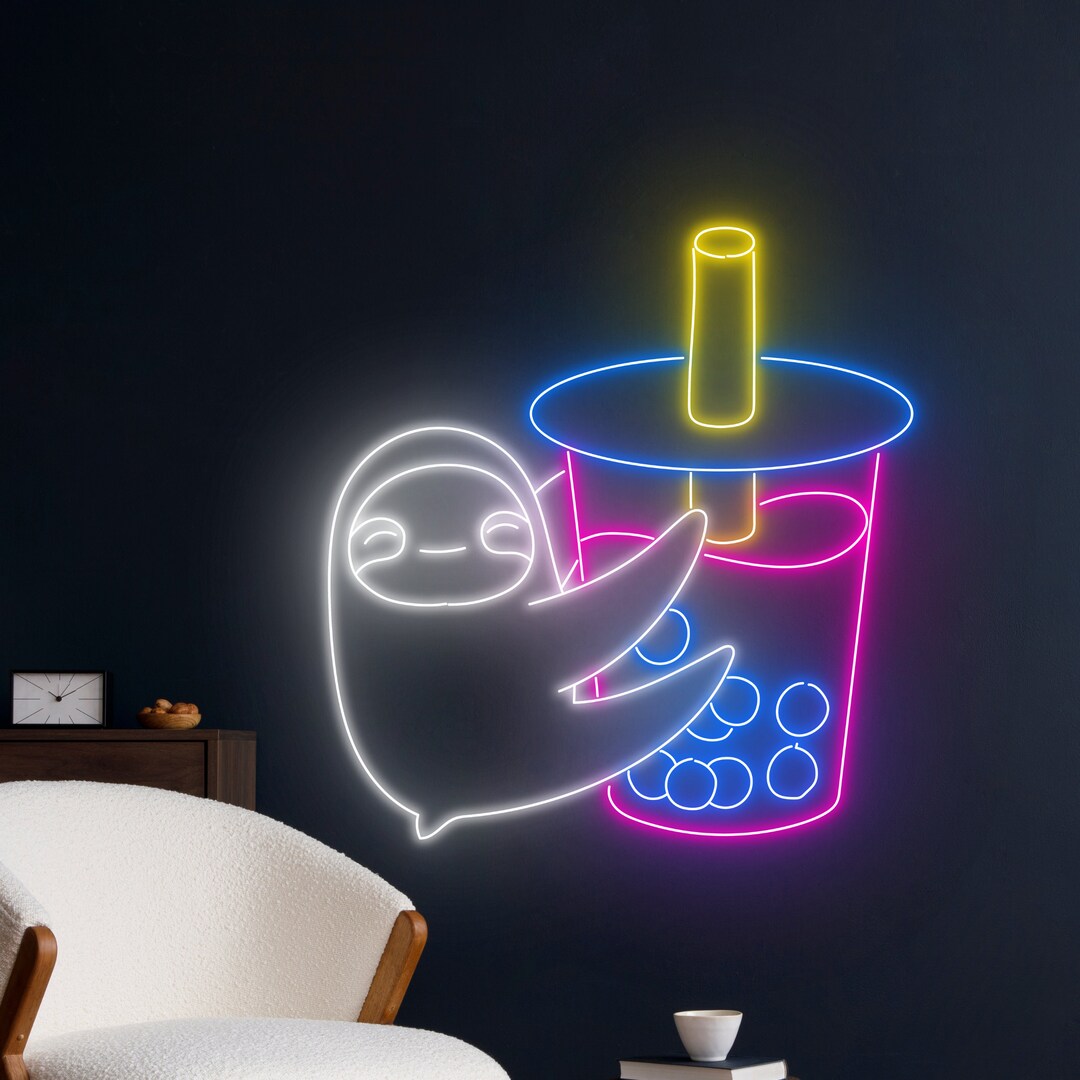 Sloth Bubble Tea Neon Sign, Boba Tea Led Light, Cute Sloth Neon Light ...
