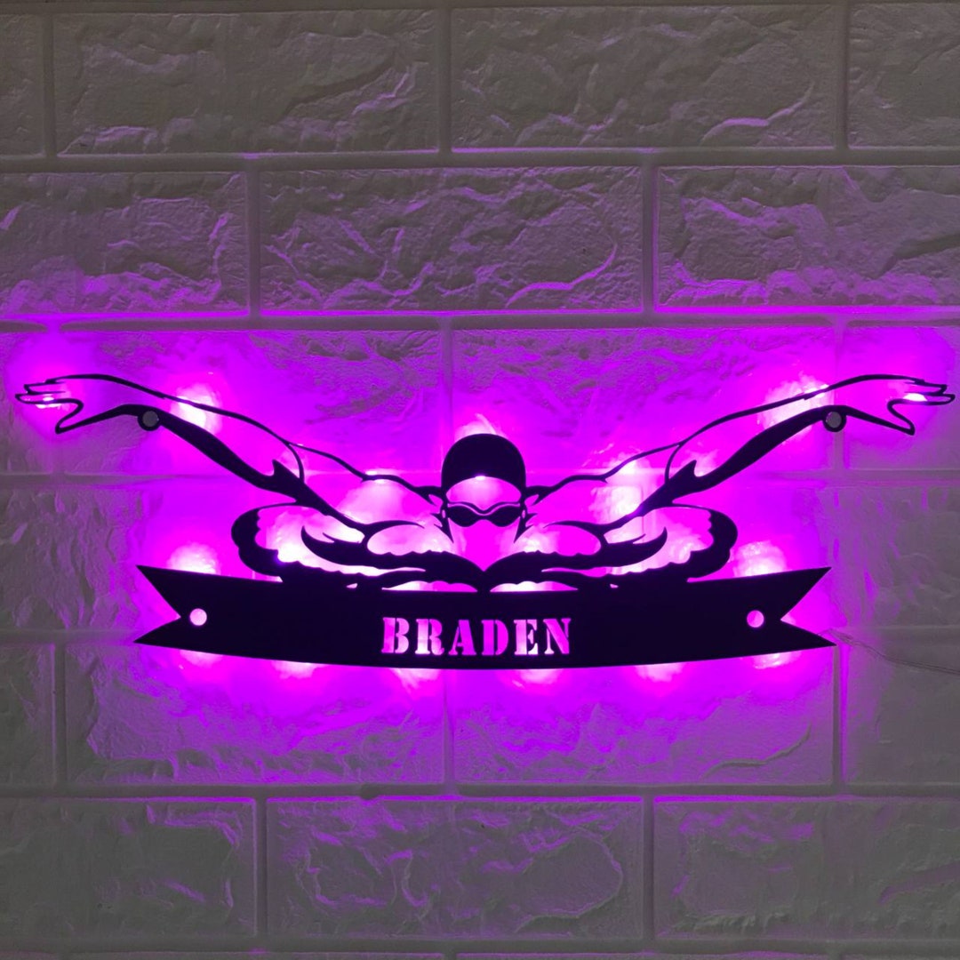 Custom Man Swimmer Metal Wall Art LED Light | Personalized Swimming ...