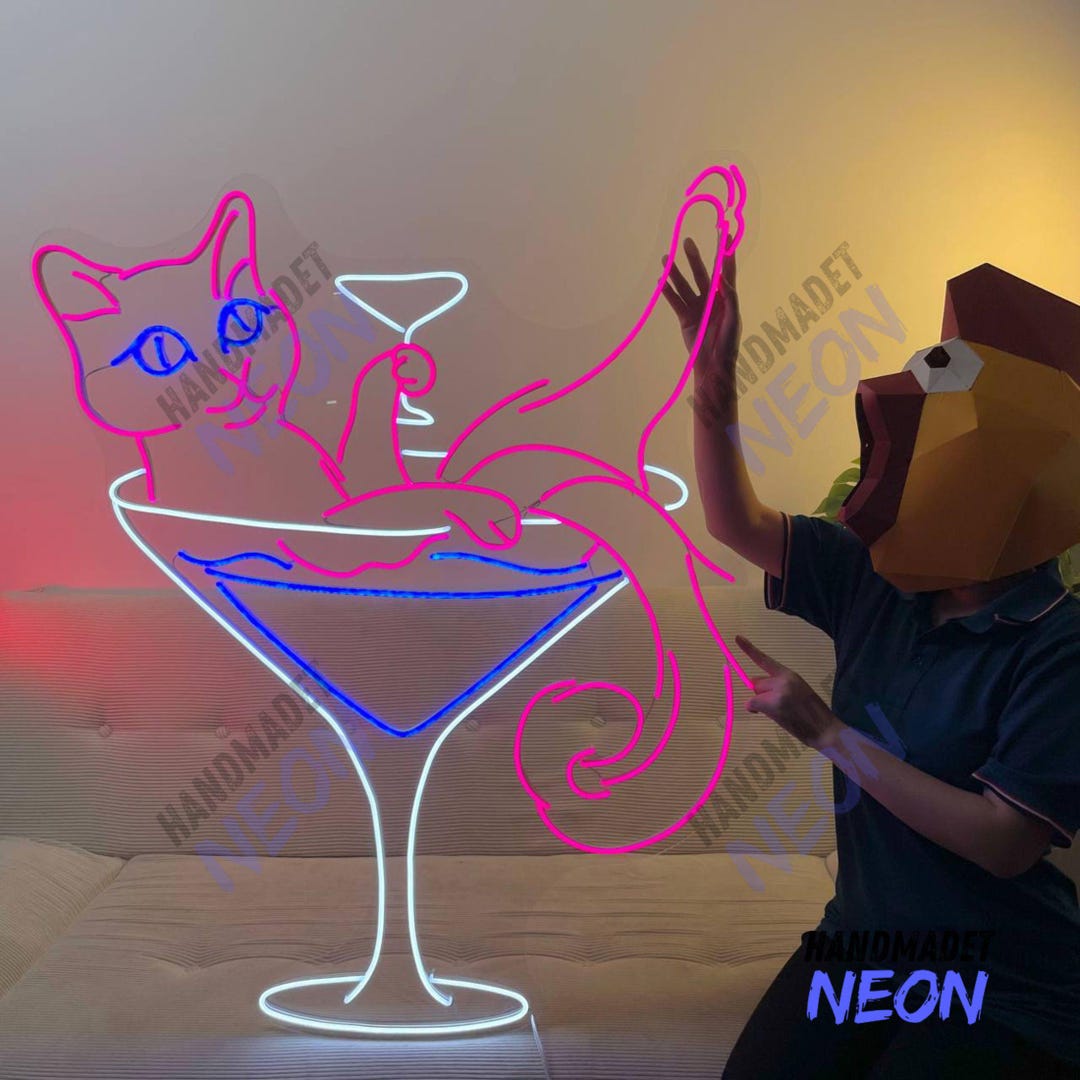 Cat Drinking Martini Neon Sign, Cute Cat Martini Led Sign, Cat Pet Neon ...