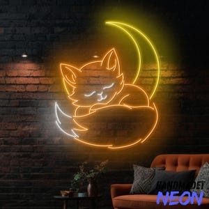 Fox on Moon Neon Sign, Fox Sleeping Led Sign, Fox Moon Led Light, Cute ...