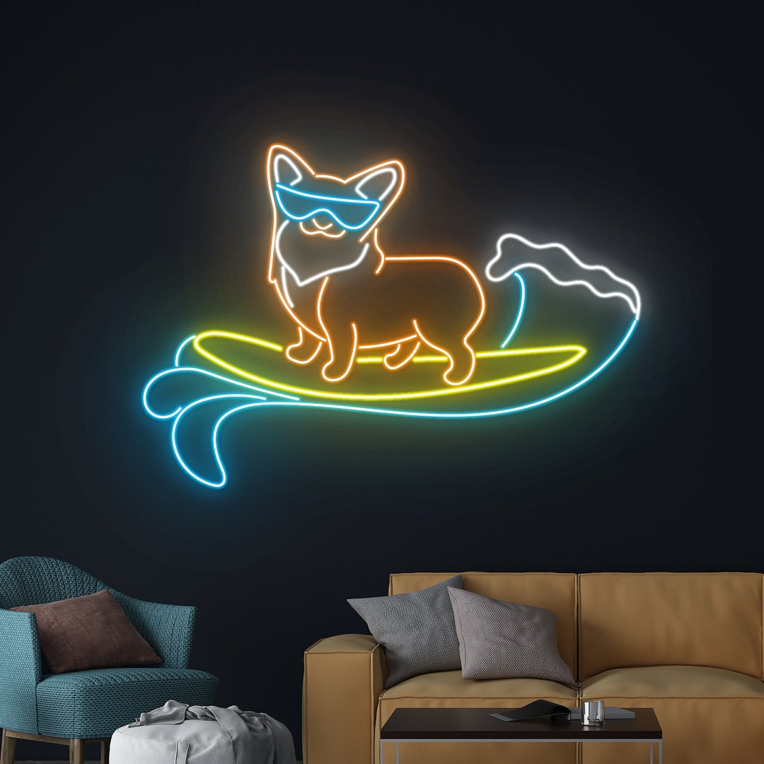Corgi Surfing Neon Sign, Surfer Corgi Neon Light, Corgi Dog Surfboard ...