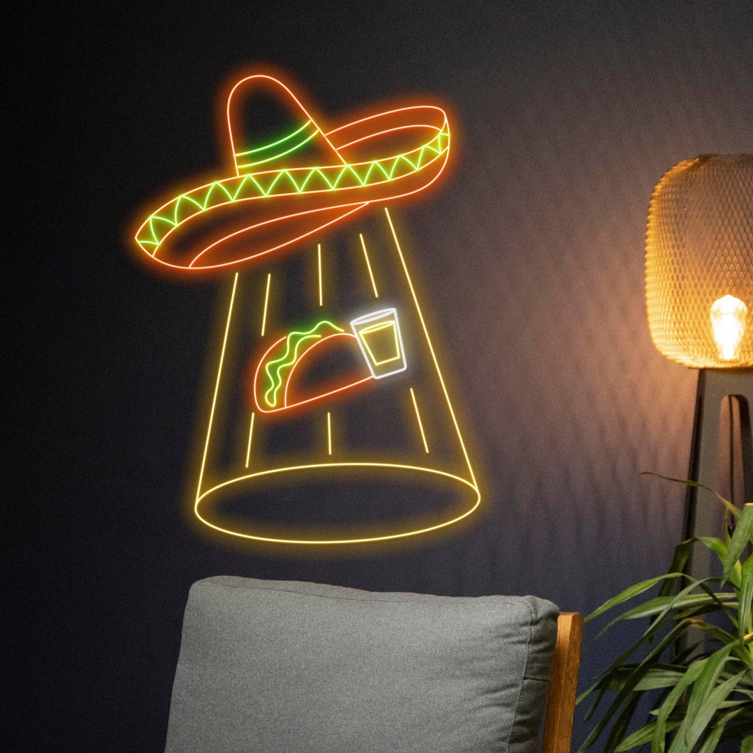 Sombrero Hat UFO Abduction Tacos Tequila Neon Light, Sombrero UFO Taco ...