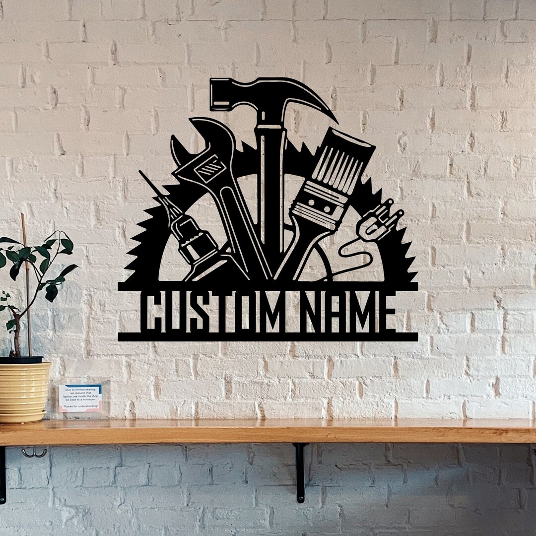 Custom Work Shop Name Metal Wall Art LED Light, Car Repair Tools Metal ...