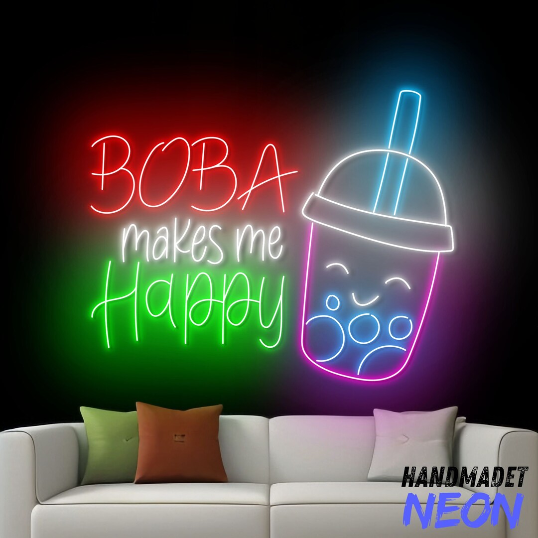 Boba Make Me Happy Neon Sign, Milk Tea Led Sign, Bubble Tea Neon Light ...