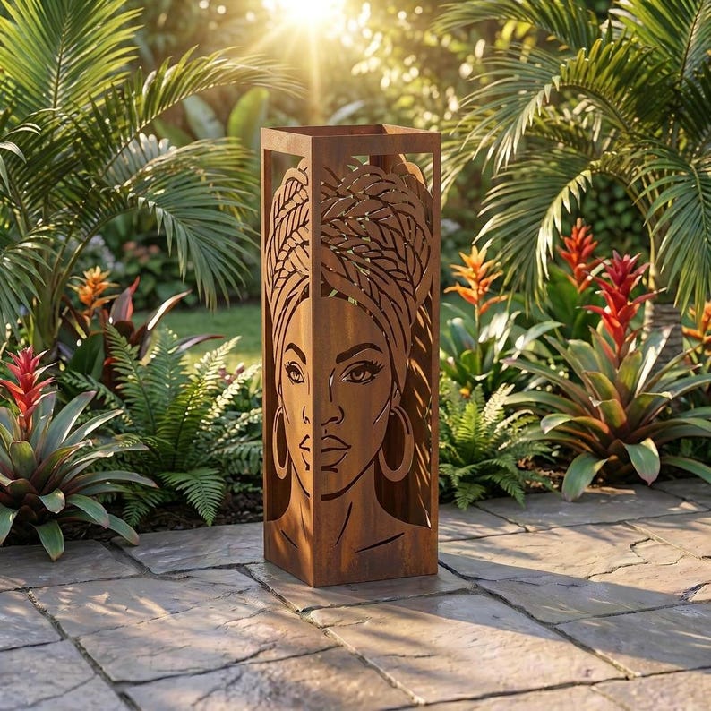 African Woman Metal Garden Column, Outdoor Garden Pillar, Corten Steel ...