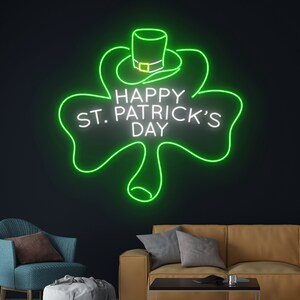 Happy St. Patrick's Day Hat Shamrock Neon Sign, Shamrock Neon Light, 3 ...