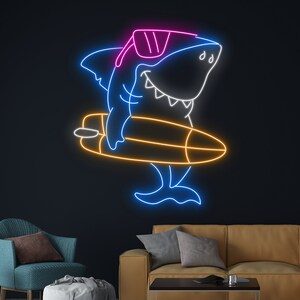 Shark Surfing Neon Sign, Surfer Shark Neon Light, Shark Surfboard Led ...