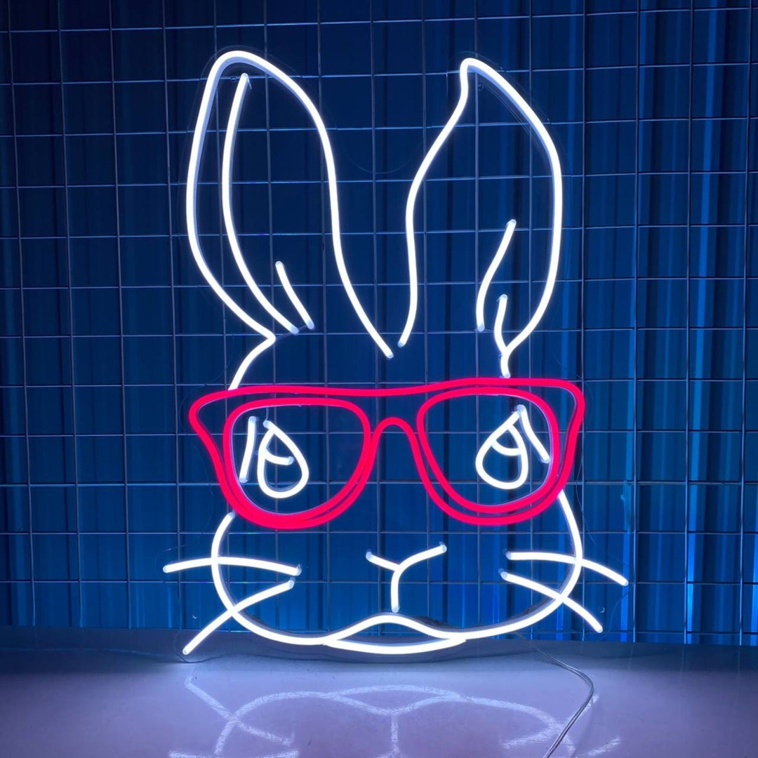 Rabbit in Glasses Neon Sign, Bunny Led Sign, Rabbit Neon Light, Rabbit ...
