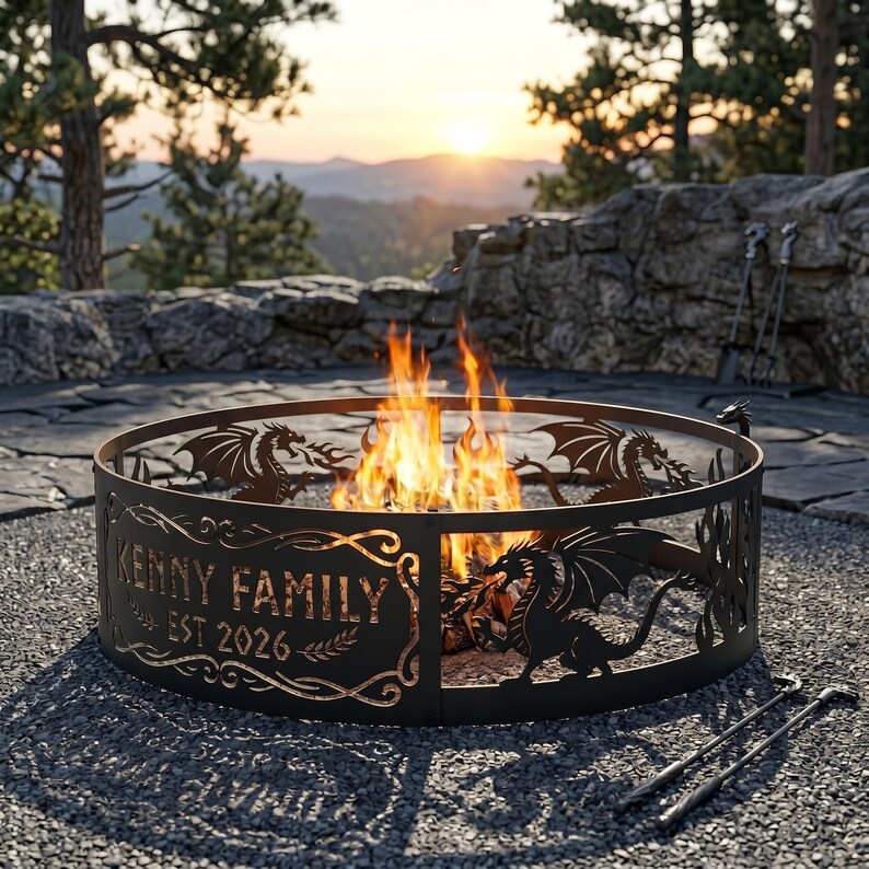 Personalized Dragon Fire Pit Ring, Custom Metal Fire Ring, Backyard ...
