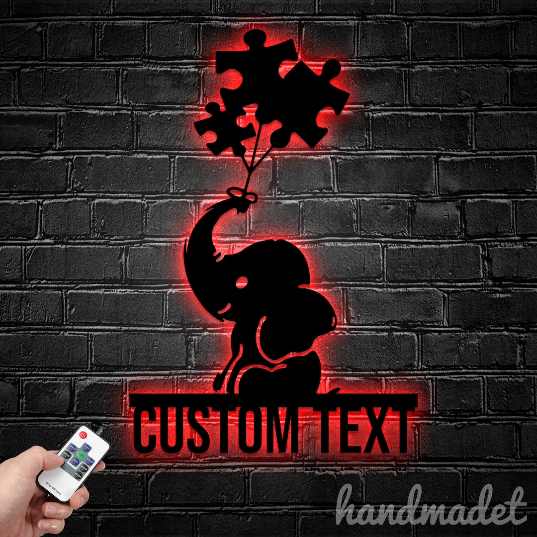 Custom Autism Awareness Puzzle Elephant Metal Wall Art LED Light ...