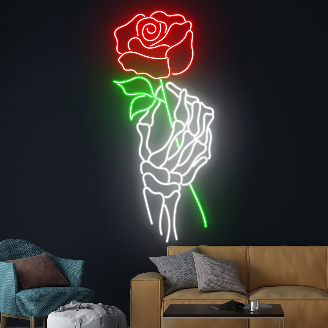 Skeleton Hand Holding A Rose Led Sign, Skull Halloween Led Sign, Wall ...