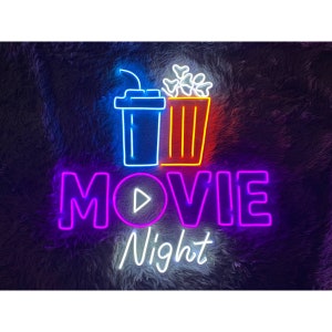 Movie Night Neon Sign, Popcorn and Drink Bottle Neon Light, Cinema Neon ...