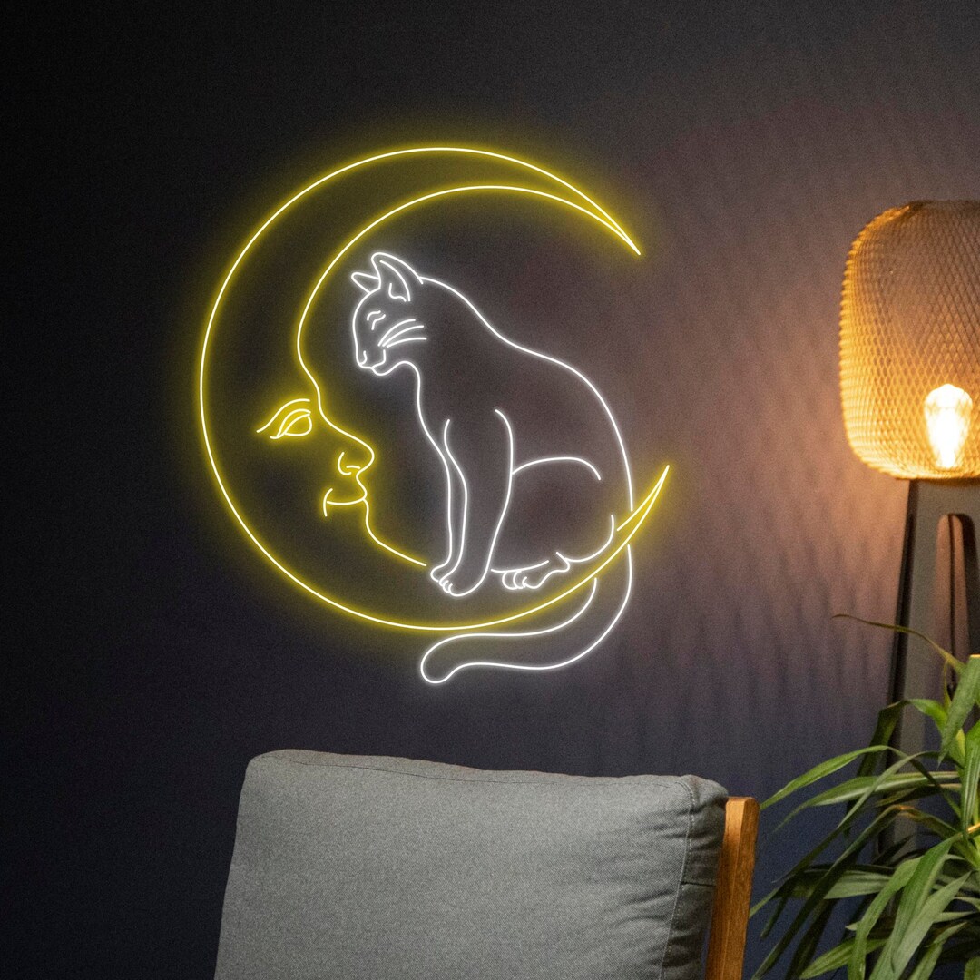 Moon Cat Neon Sign, Cat Moon Led Sign, Cat Moon Lover Neon Light, Moon ...