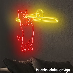 Cat Playing Trombone Neon Sign, Cute Cat Led Sign, Cat Trombone Neon ...
