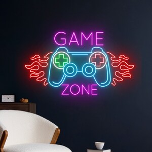 Game Zone Neon Sign, Fire Game Controller Led Sign, Burning Game Player ...