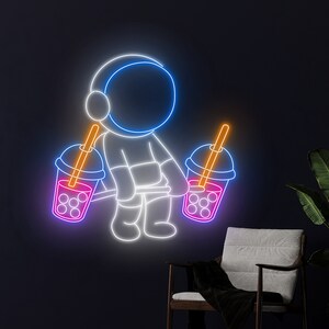 Astronaut Lifting Boba Tea Neon Sign, Astronaut Bubble Tea LED Light ...
