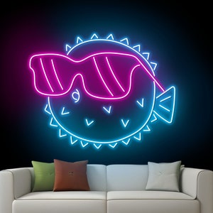 Puffer Fish Neon Wall Sign, Fish Sunglasses Led Wall Sign, Animal Neon ...